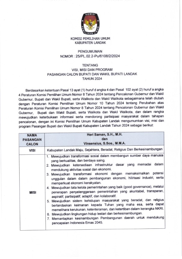 KPU KAB-LANDAK - PENGUMUMAN NASKAH VISI, MISI DAN PROGRAM PASANGAN CALON BUPATI DAN WAKIL BUPATI ...